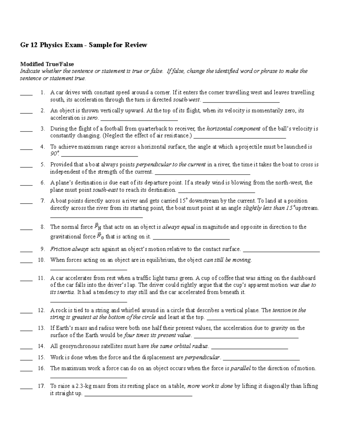 Sample sph4u1 exam 2014 - Gr 12 Physics Exam - Sample for Review ...