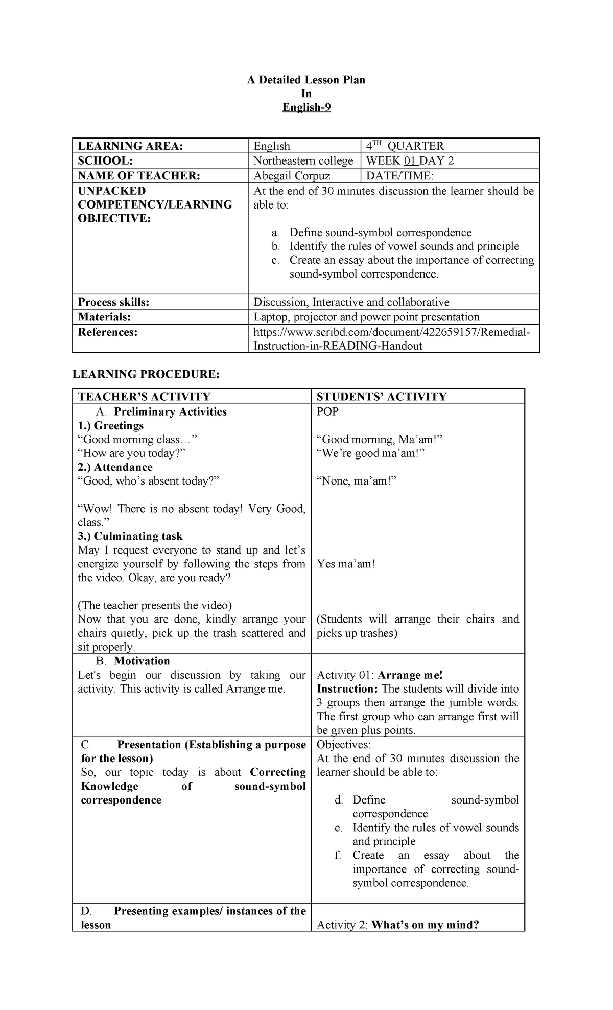 Correcting Knowledge of sound-symbol correspondence - A Detailed Lesson ...