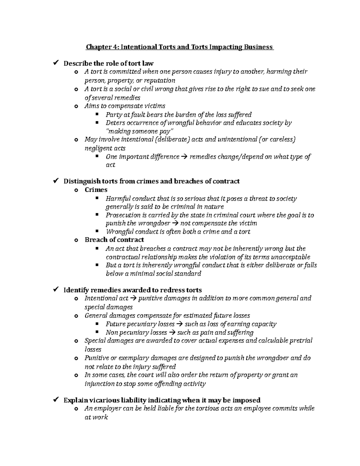 Chapter 4 - Textbook Notes - Chapter 4: Intentional Torts and Torts ...