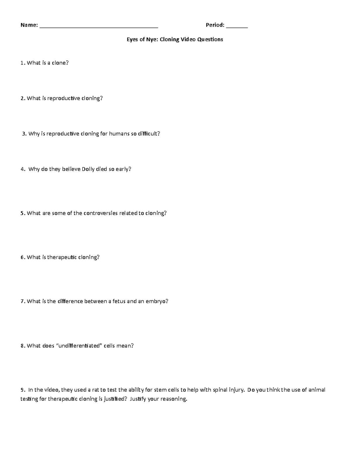 Eyes of Nye Cloning Video Questions - Name ...