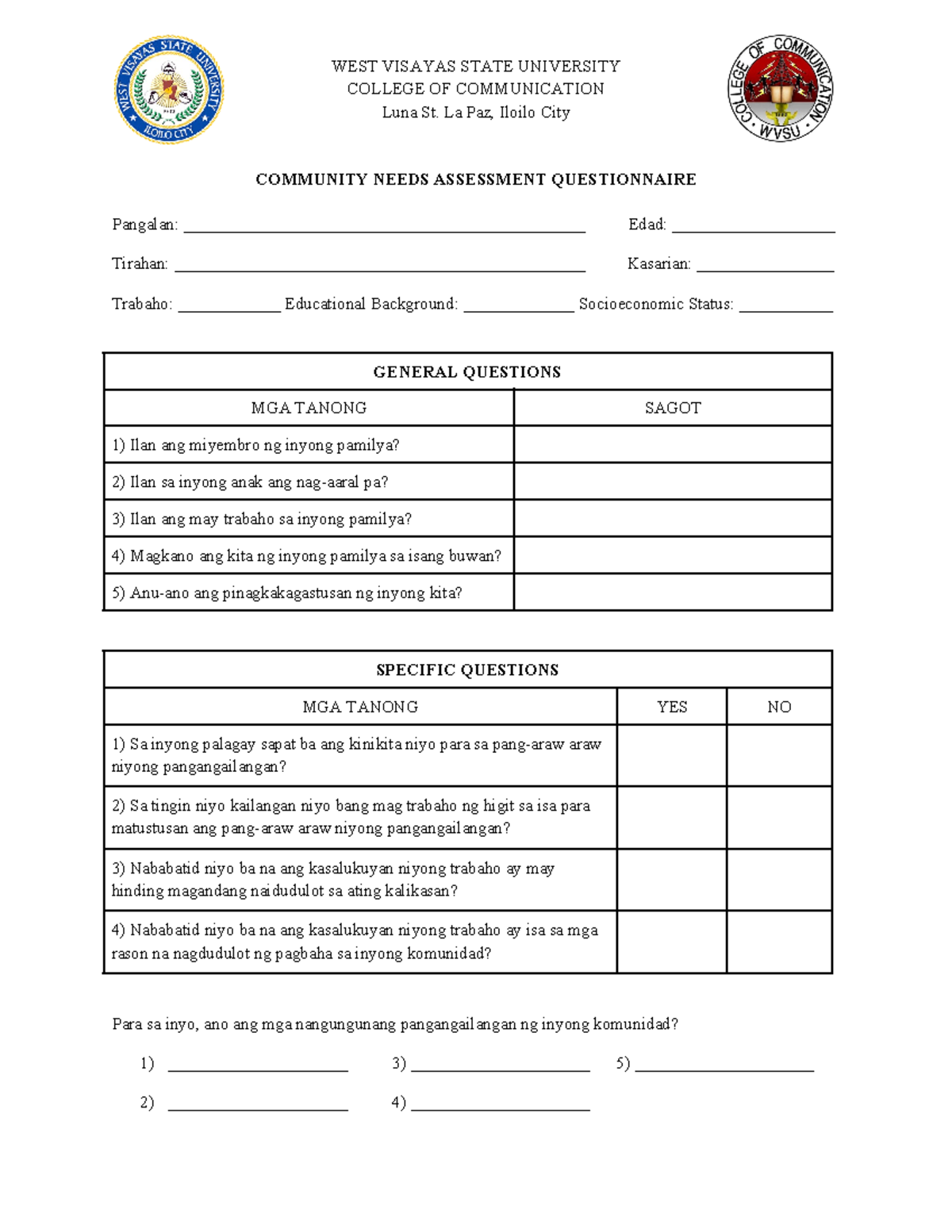 Needs-Assessment-Questionnaire final - WEST VISAYAS STATE UNIVERSITY ...