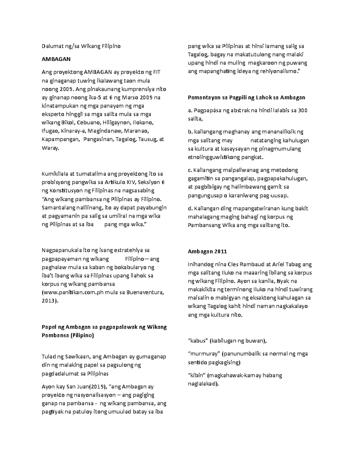 Ambagan notes - Dalumat ng/sa Wikang Filipino AMBAGAN Ang proyektong ...