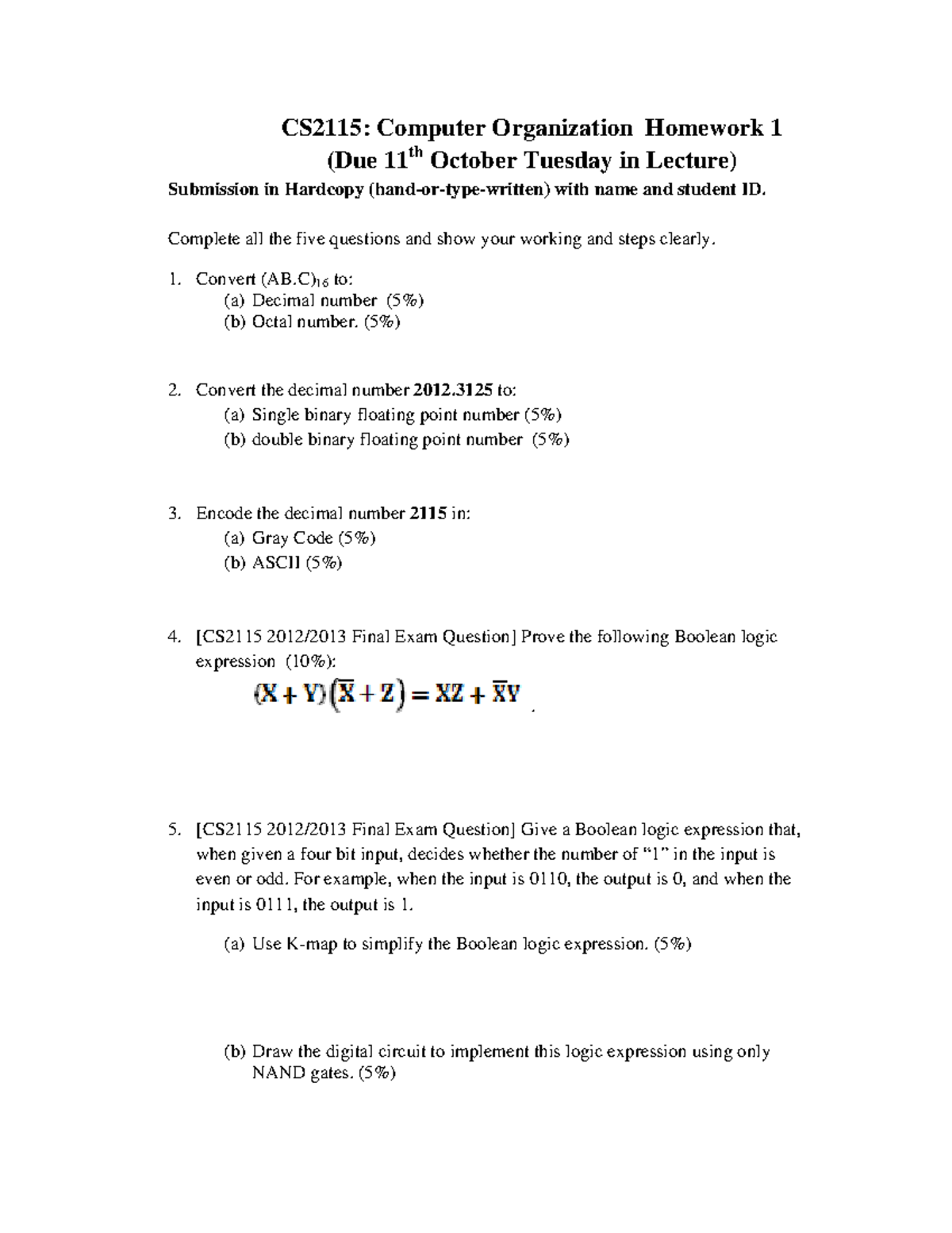 Homework 1 Questions - CS2115: Computer Organization Homework 1 (Due ...