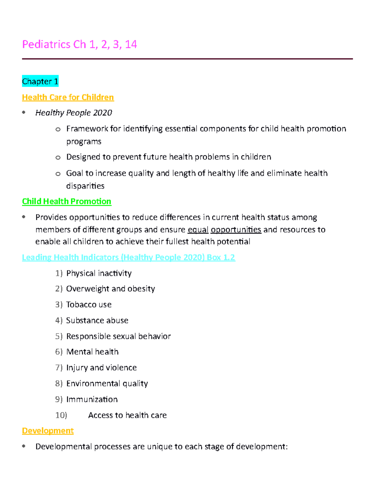 Week 1- Notes Ch 1, 2, 3, 14 - Pediatrics Ch 1, 2, 3, 14 Chapter 1 ...