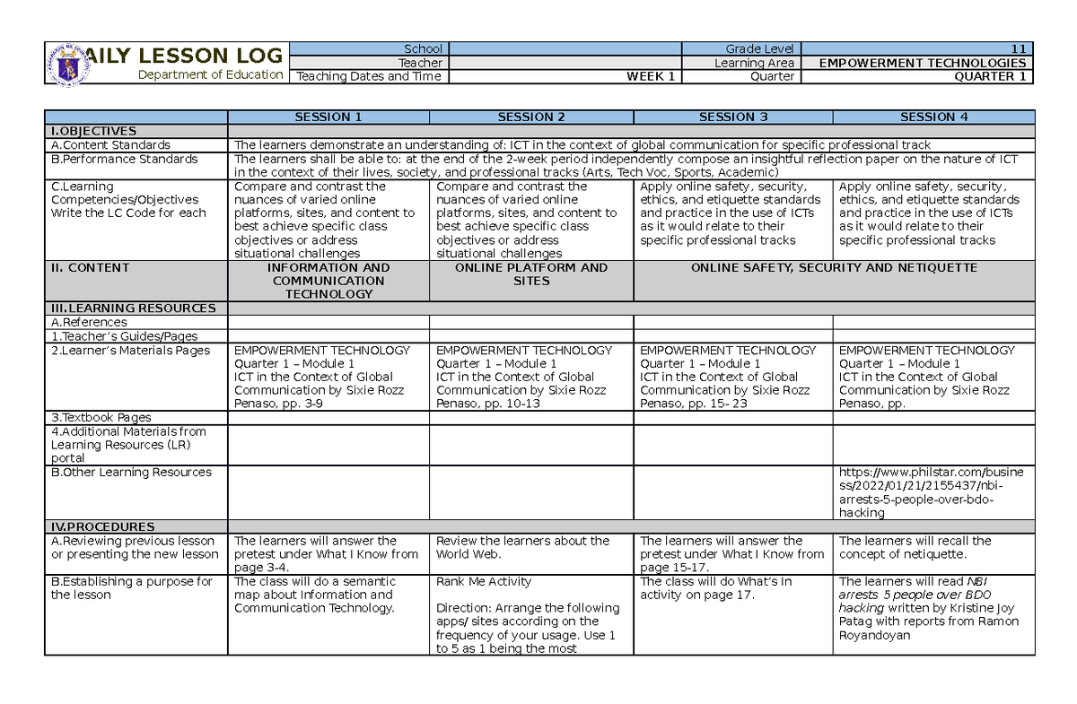 ET Q1 W1 - dll in empowerment tech - DAILY LESSON LOG Department of ...