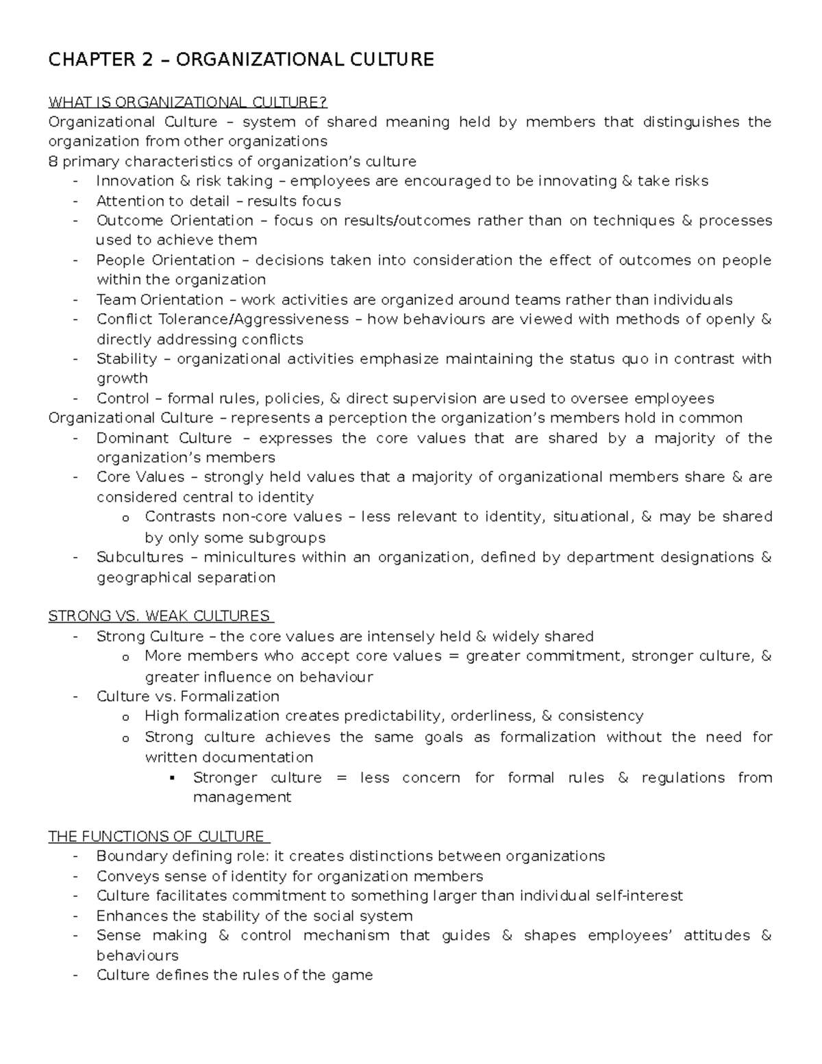 OB - Chapter Study Guide - Final - CHAPTER 2 – ORGANIZATIONAL CULTURE ...