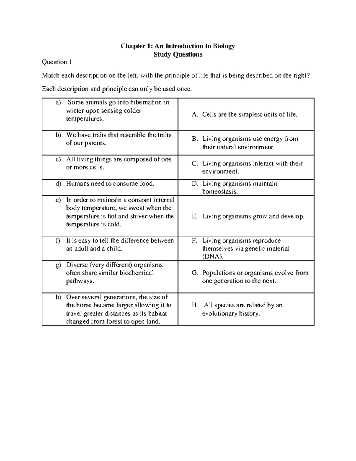 Chapter 1 bio 1 - Chapter 1: An Introduction to Biology Study Questions ...