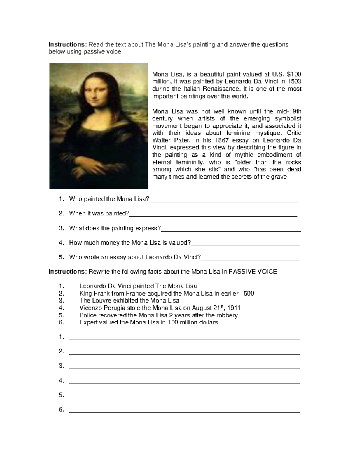 Mona Lisa Passive voice - Instructions: Read the text about The Mona ...