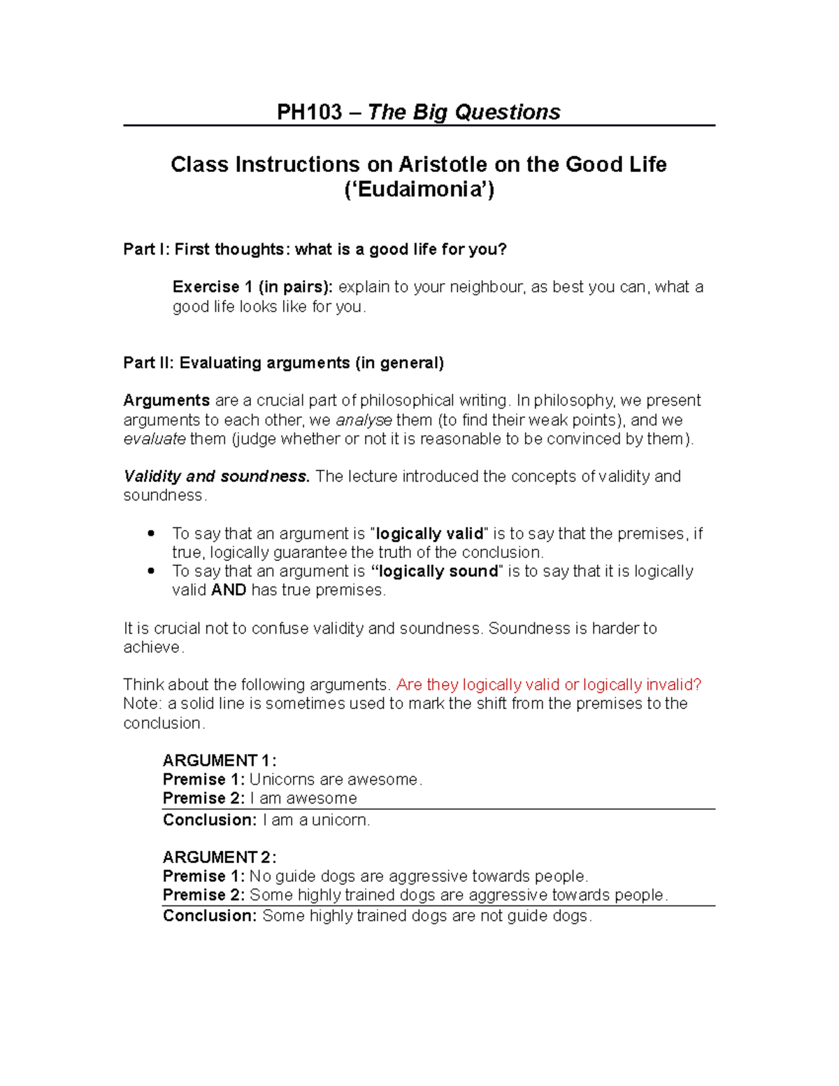 Aristotle on the good life class plan - PH103 – The Big Questions Class ...