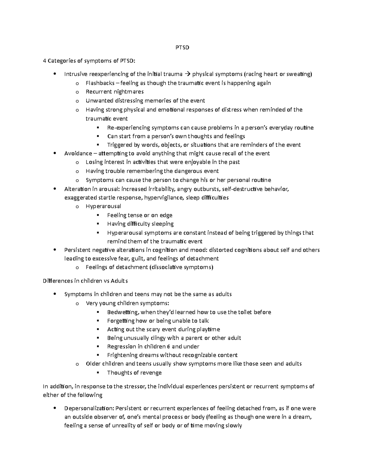 PTSD - Lecture notes 1 - PTSD 4 Categories of symptoms of PTSD ...