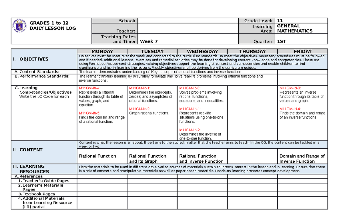 DLL-week7-Gen Math - Sample lesson plan. - GRADES 1 to 12 DAILY LESSON ...