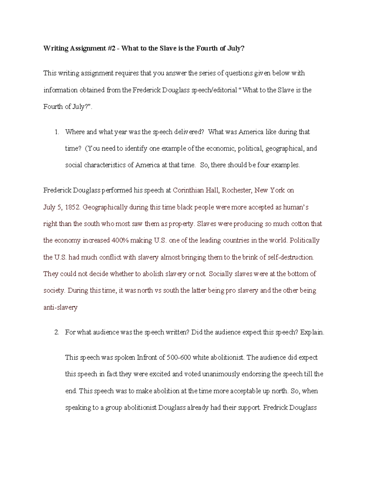 Writing Assignment #2 What to the Slave is the Fourth of July Primary ...