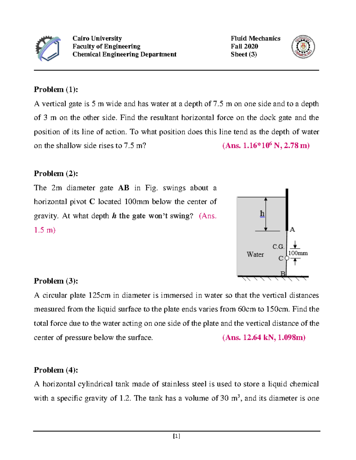 Sheet 3 - Forces on Submerged Surfaces - [1] Cairo University Fluid Mechanics Faculty of ...