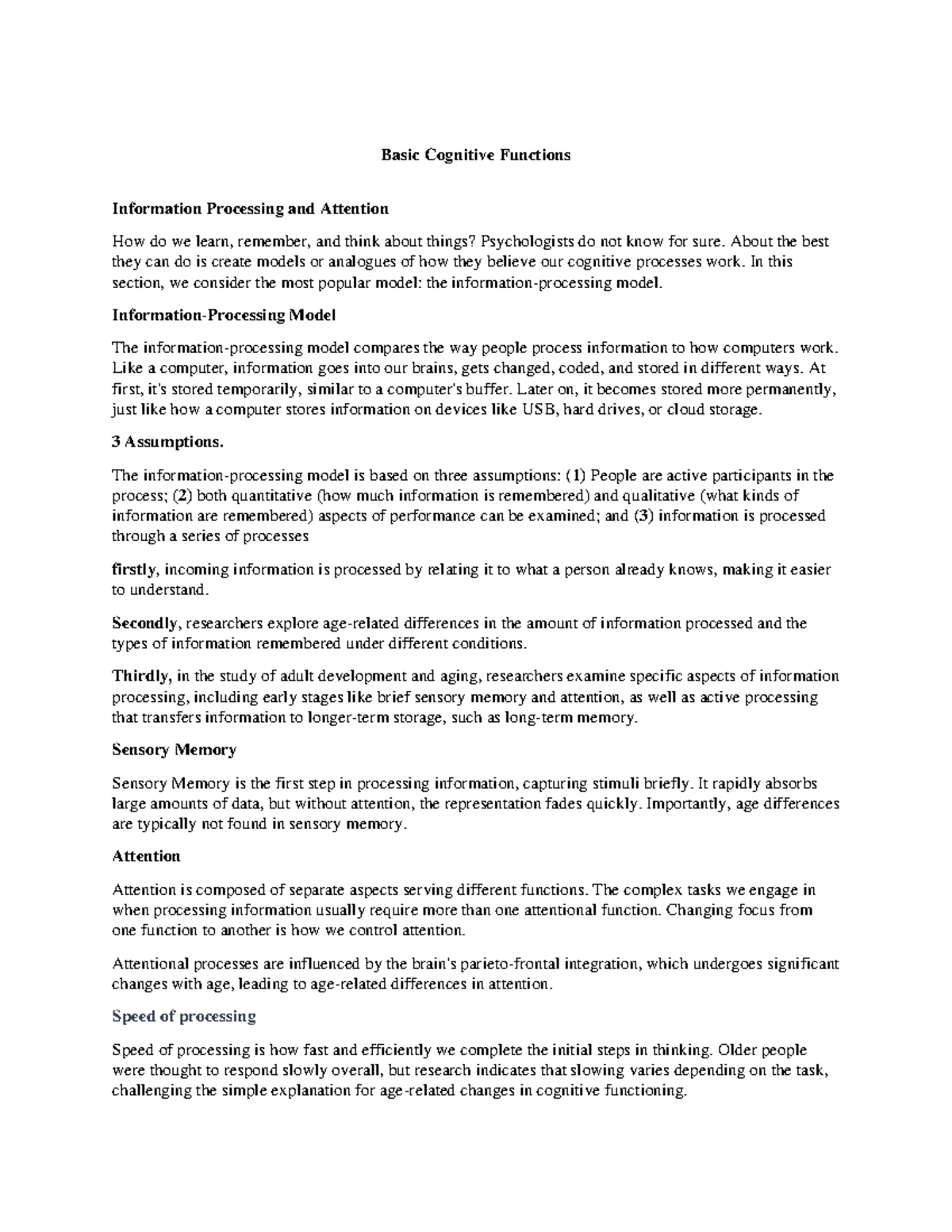 Psychology of Aging - Basic Cognitive Functions Information Processing and Attention How do we ...