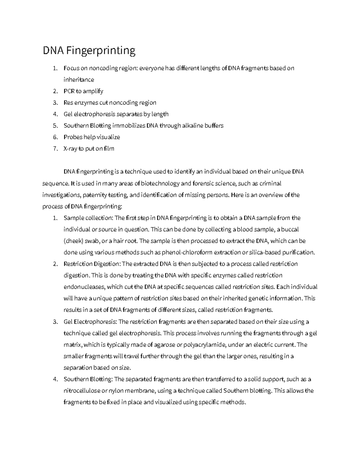 DNA Fingerprinting notes - DNA Fingerprinting Focus on noncoding region ...