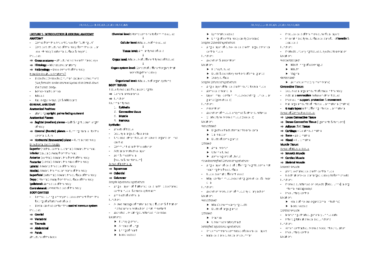 ANAT2111 Lecture Notes - LECTURE 1 - INTRODUCTION & GENERAL ANATOMY ...