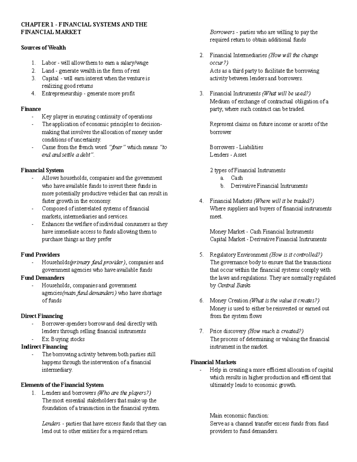 Financial Markets reviewer - CHAPTER 1 - FINANCIAL SYSTEMS AND THE ...
