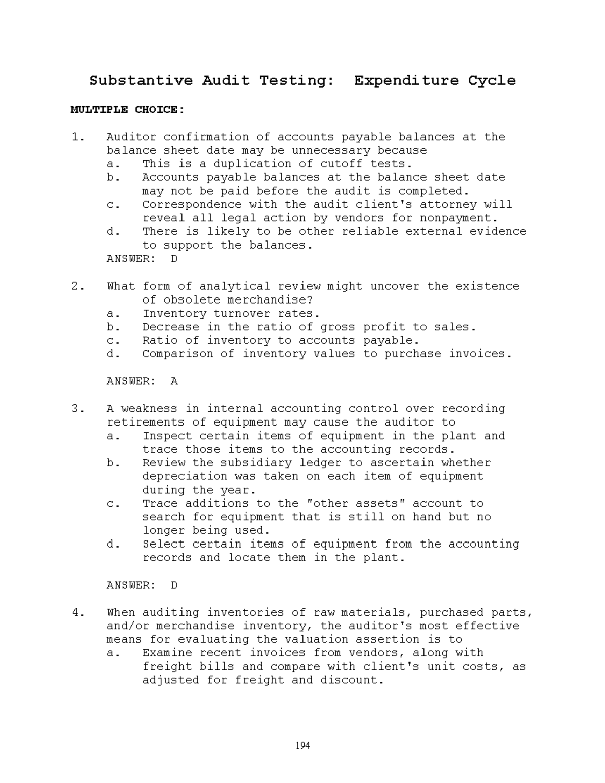 Ch12 - Substantive Audit Testing: Expenditure Cycle MULTIPLE CHOICE: 1 ...