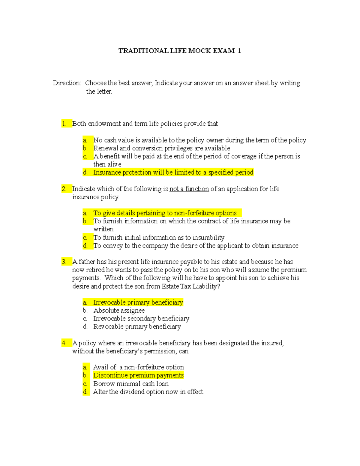 Traditional LIFE MOCK EXAM full exam - TRADITIONAL LIFE MOCK EXAM 1 ...