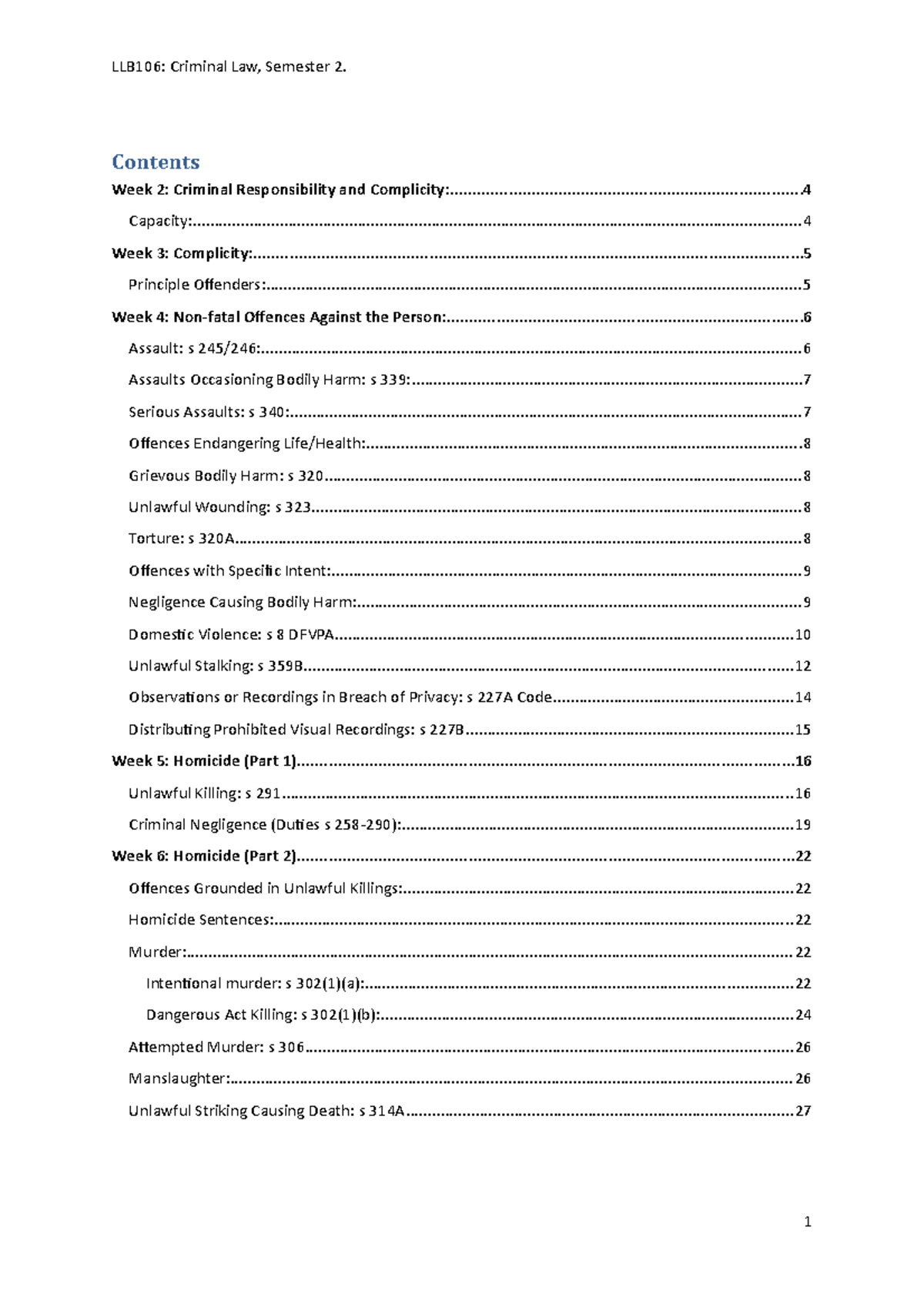 Llb106 Collated Notes - LLB106: Criminal Law, Semester 2. Contents Week ...