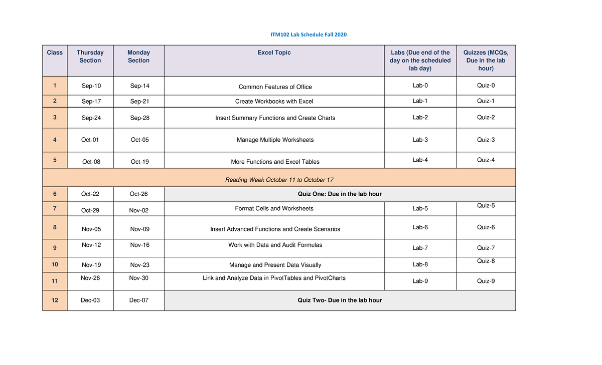 ITM102 Excel Schedule Fall 2020 - ITM102 Lab Schedule Fall 2020 Class ...