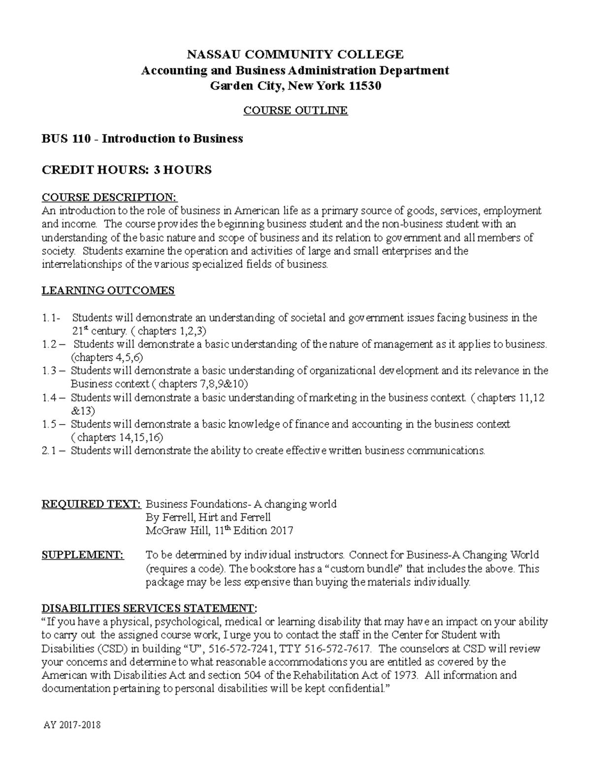 Fall 2017 BUS 110 Course Outline syllabus F 2017 rev3 - NASSAU ...