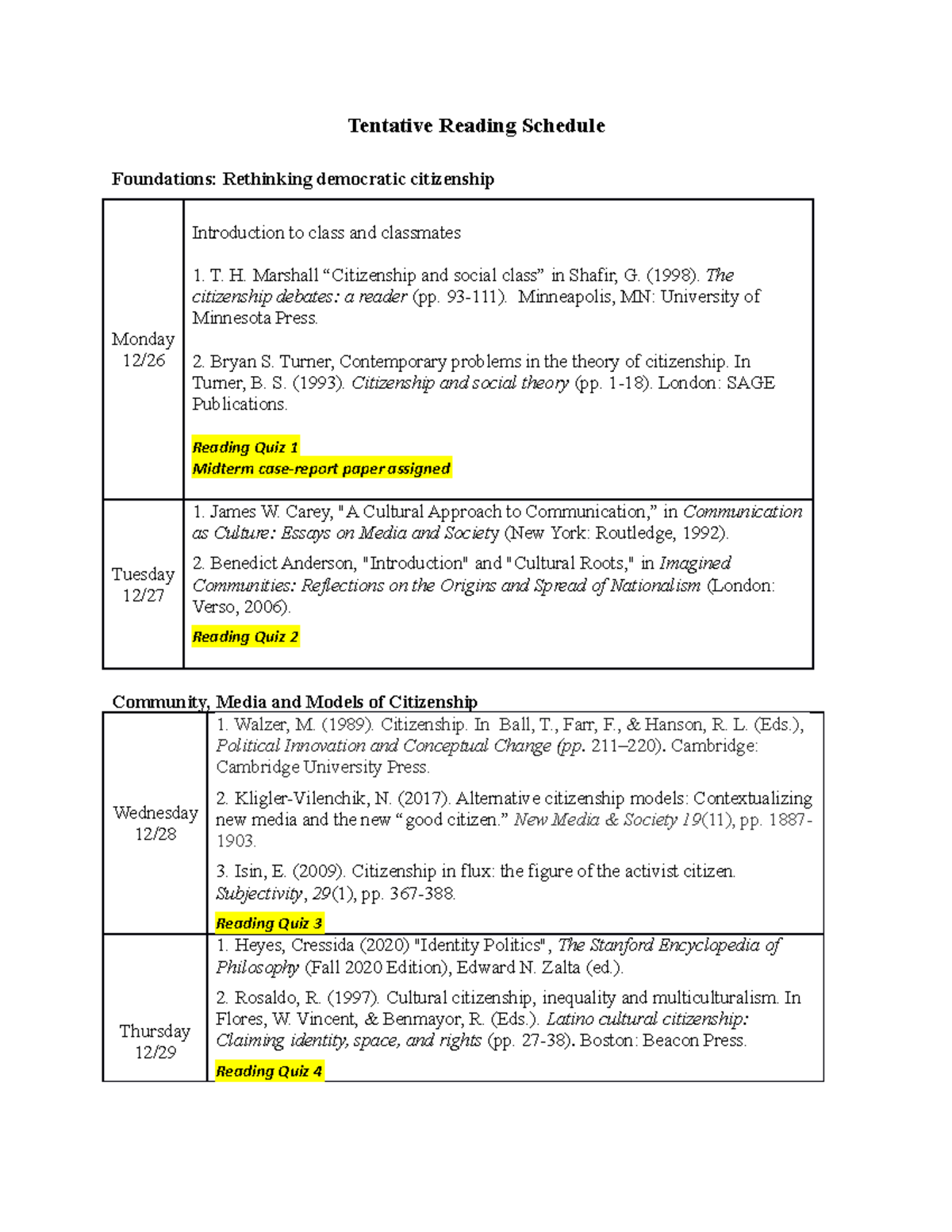 Tentative Reading Schedule - Tentative Reading Schedule Foundations ...