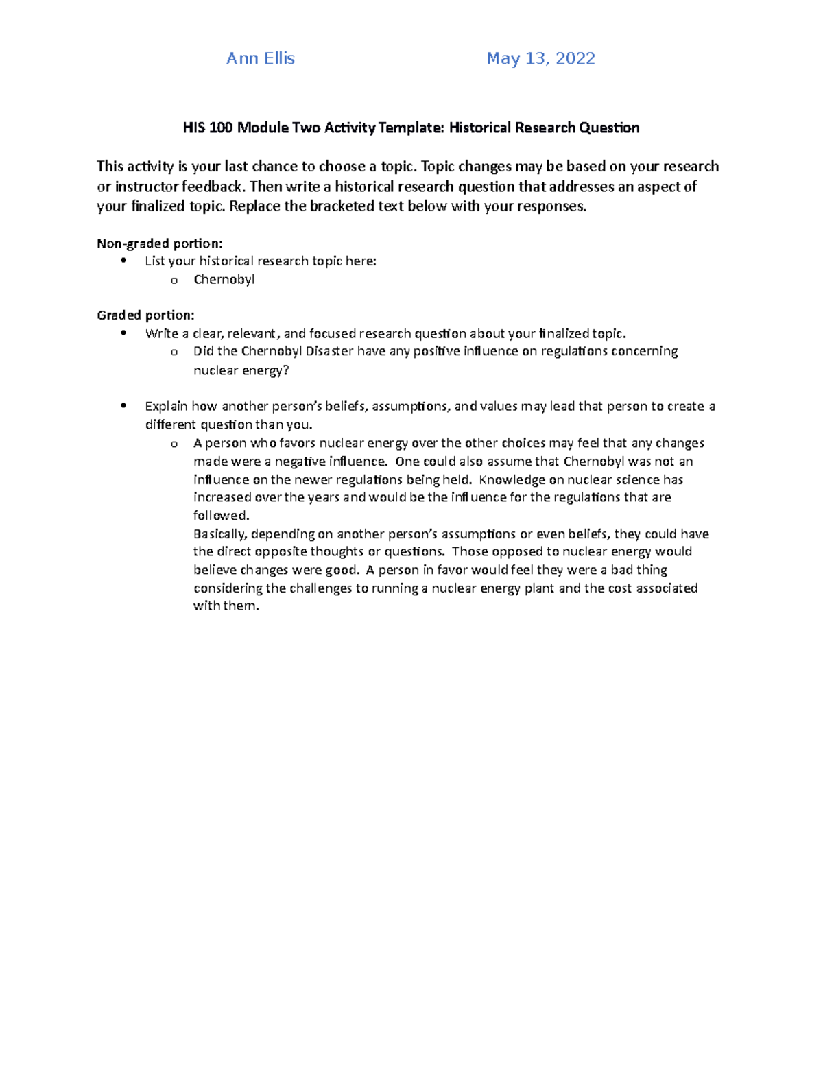 HIS 100 Module Two Activity Research Question Template - Ann Ellis May ...