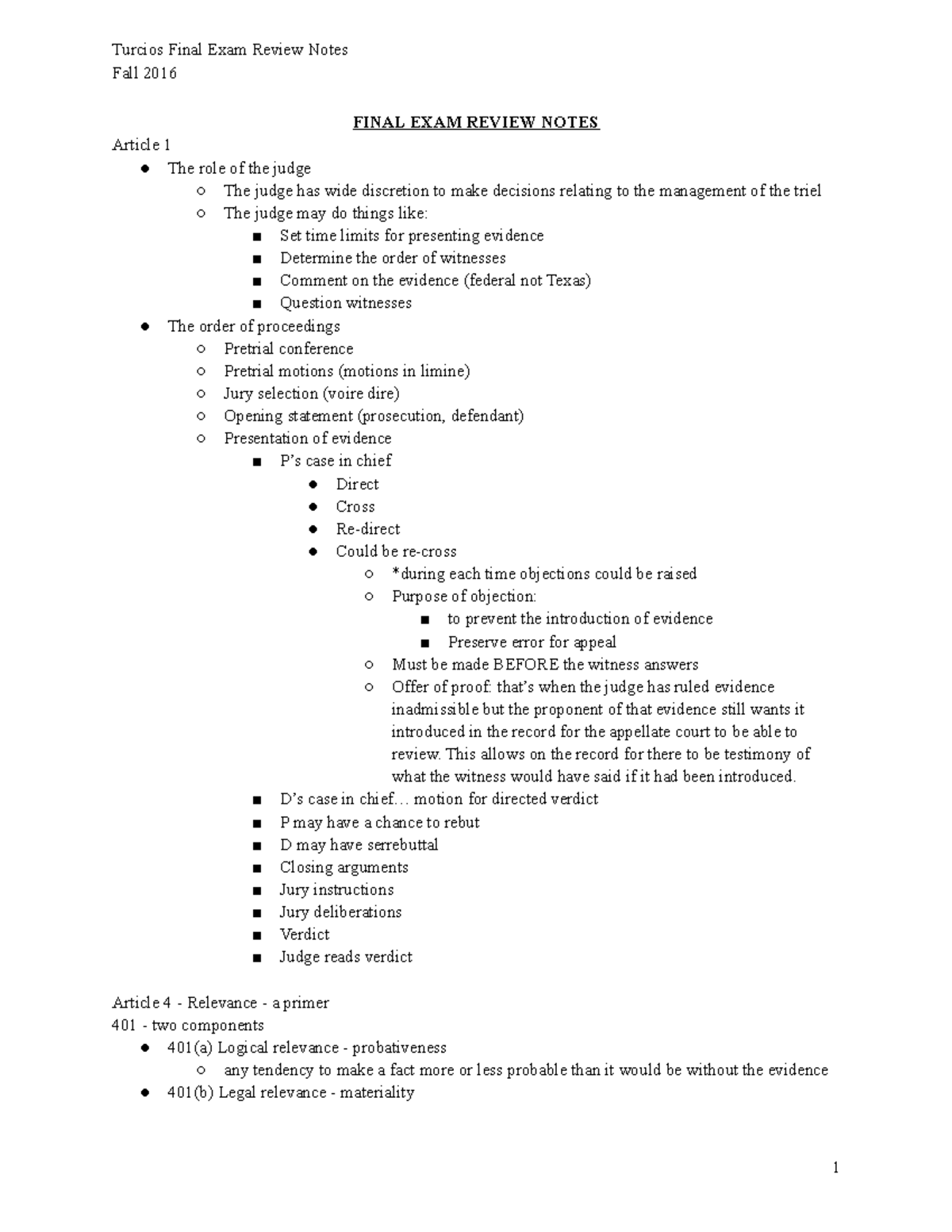 Evidence Final Exam Review - Fall 2016 FINAL EXAM REVIEW NOTES Article ...