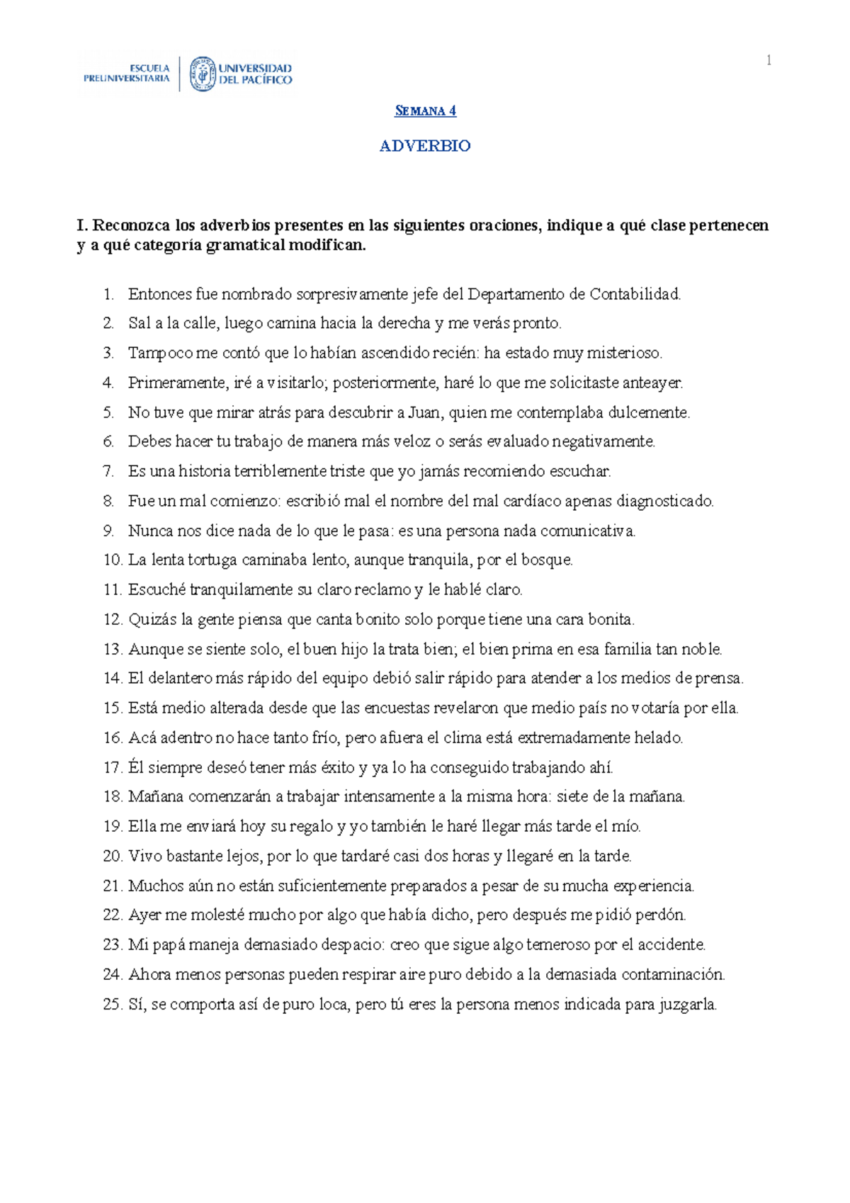 4a Adverbio - Ejercicios de la semana 4 - SEMANA 4 ADVERBIO I ...