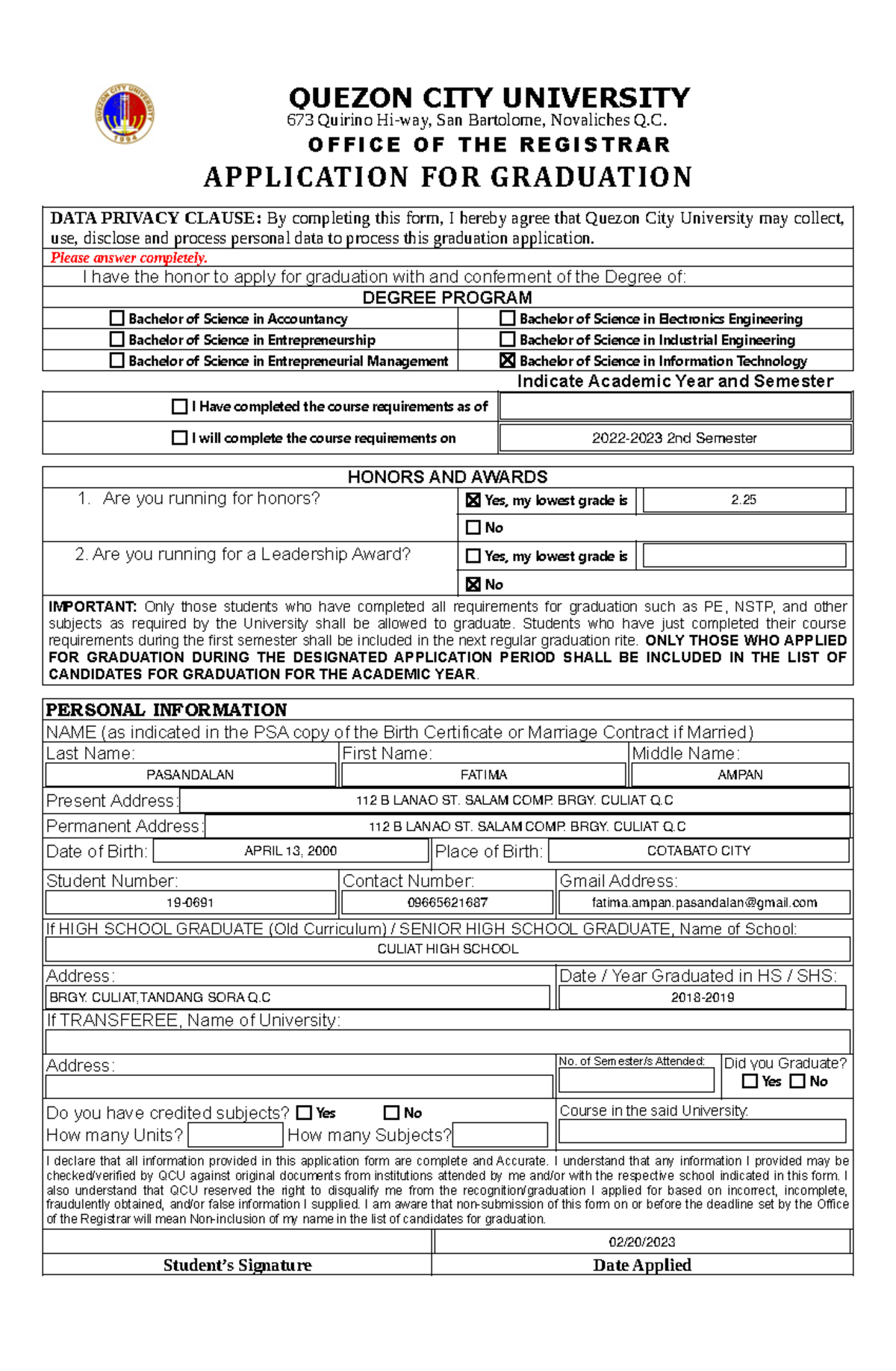 Sampler textgbaj - QUEZON CITY UNIVERSITY 673 Quirino Hi-way, San ...