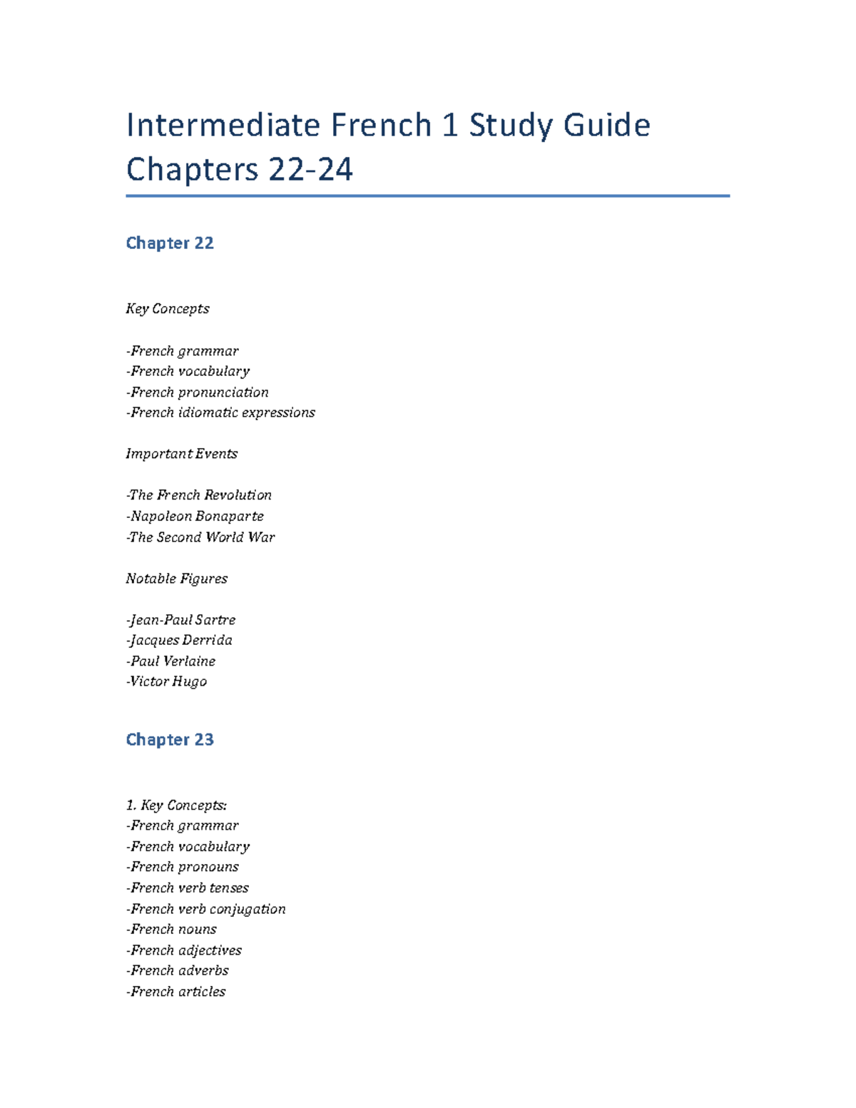 Intermediate French 1 Study Guide Chapters 22-24 - Intermediate French ...