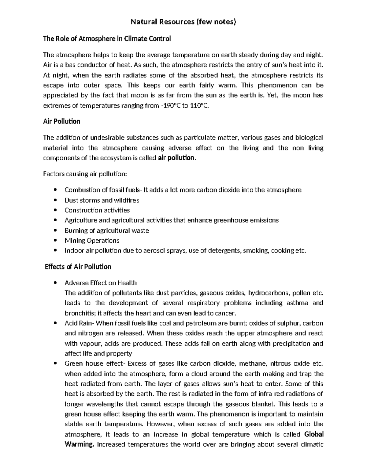 Natural Resources notes - Natural Resources (few notes) The Role of ...