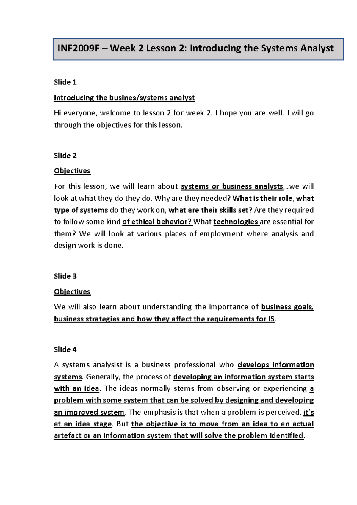 INF2009 F The Systems Analysit Notes - Slide 1 Introducing the busines ...
