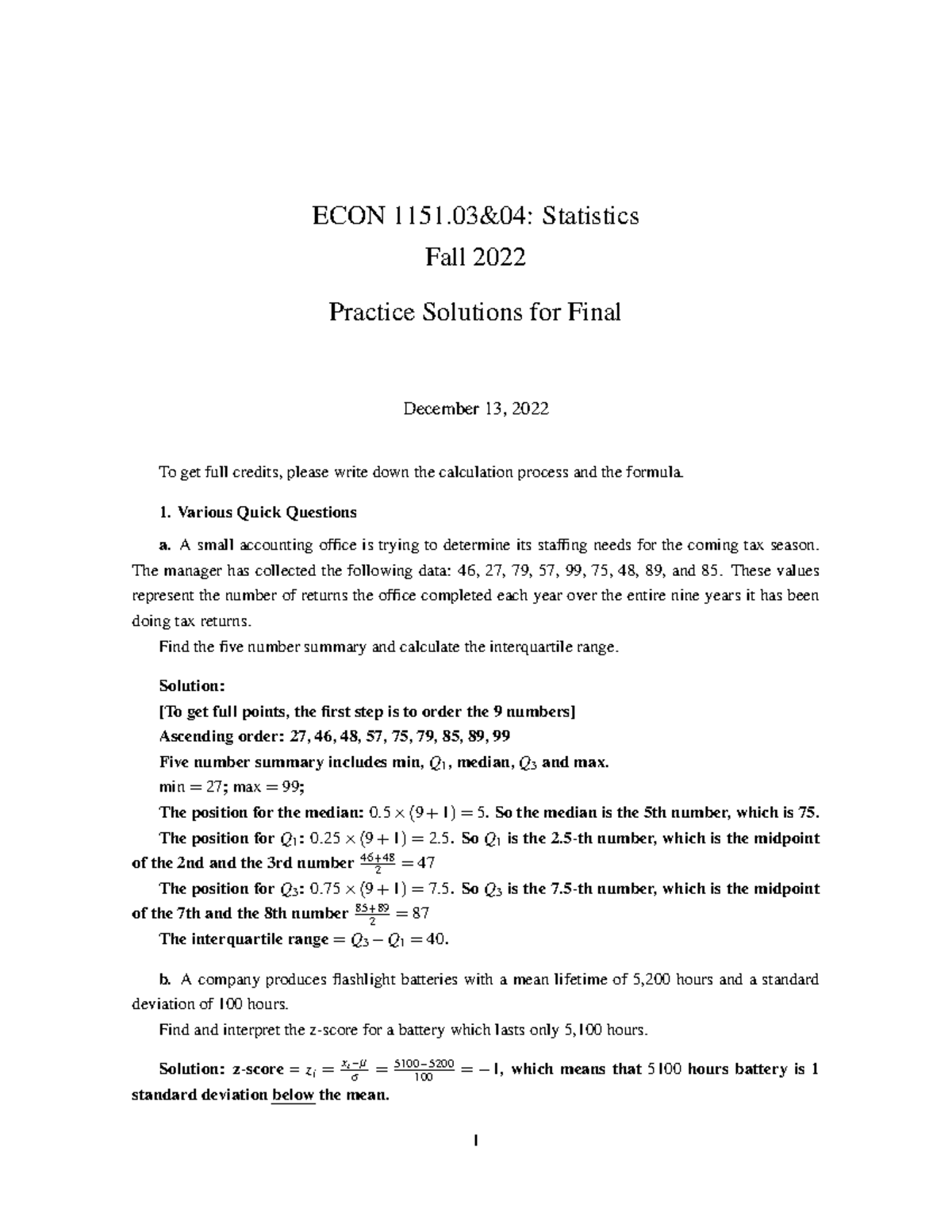 Final Practice Solution - ECON 1151&04: Statistics Fall 2022 Practice ...