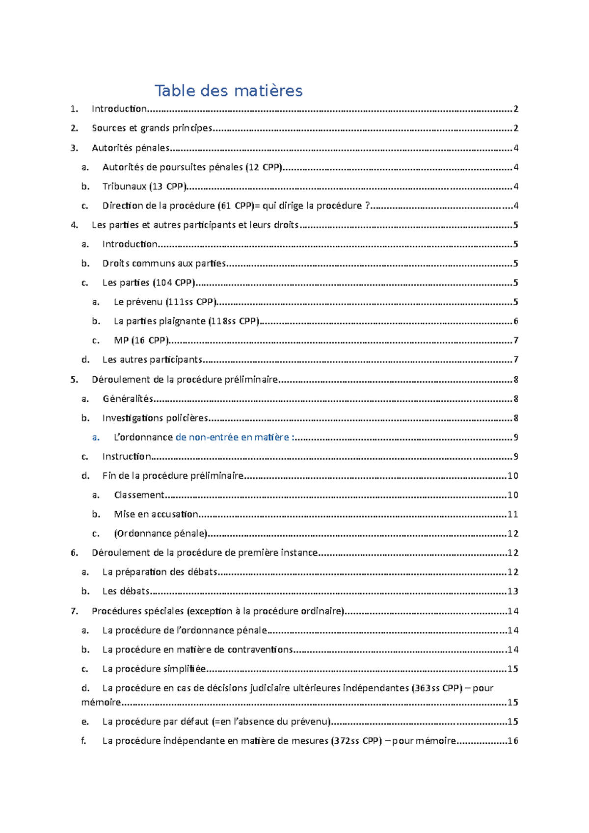 Procedure Penal - CPP - Table des matières - Studocu