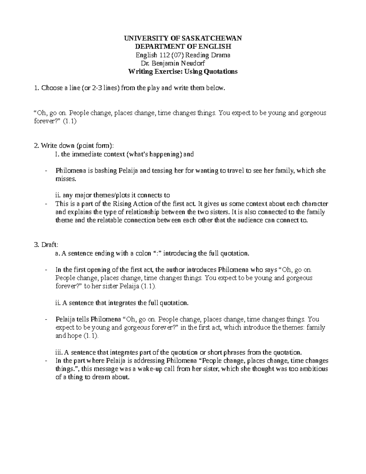Writing Exercise Quotations - UNIVERSITY OF SASKATCHEWAN DEPARTMENT OF ...