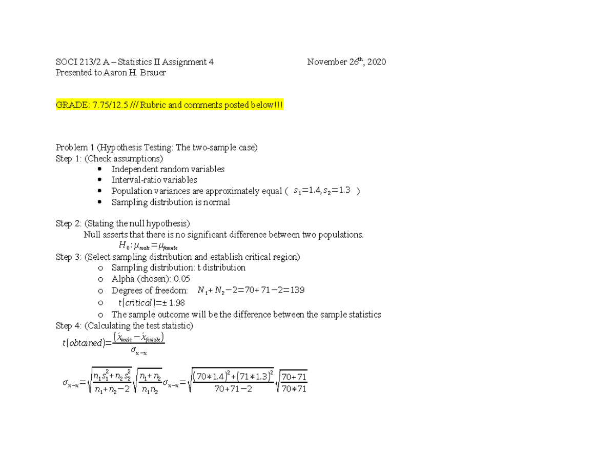 SOCI 213 Assignment 4 FALL 2020 - SOCI 213/2 A – Statistics II ...