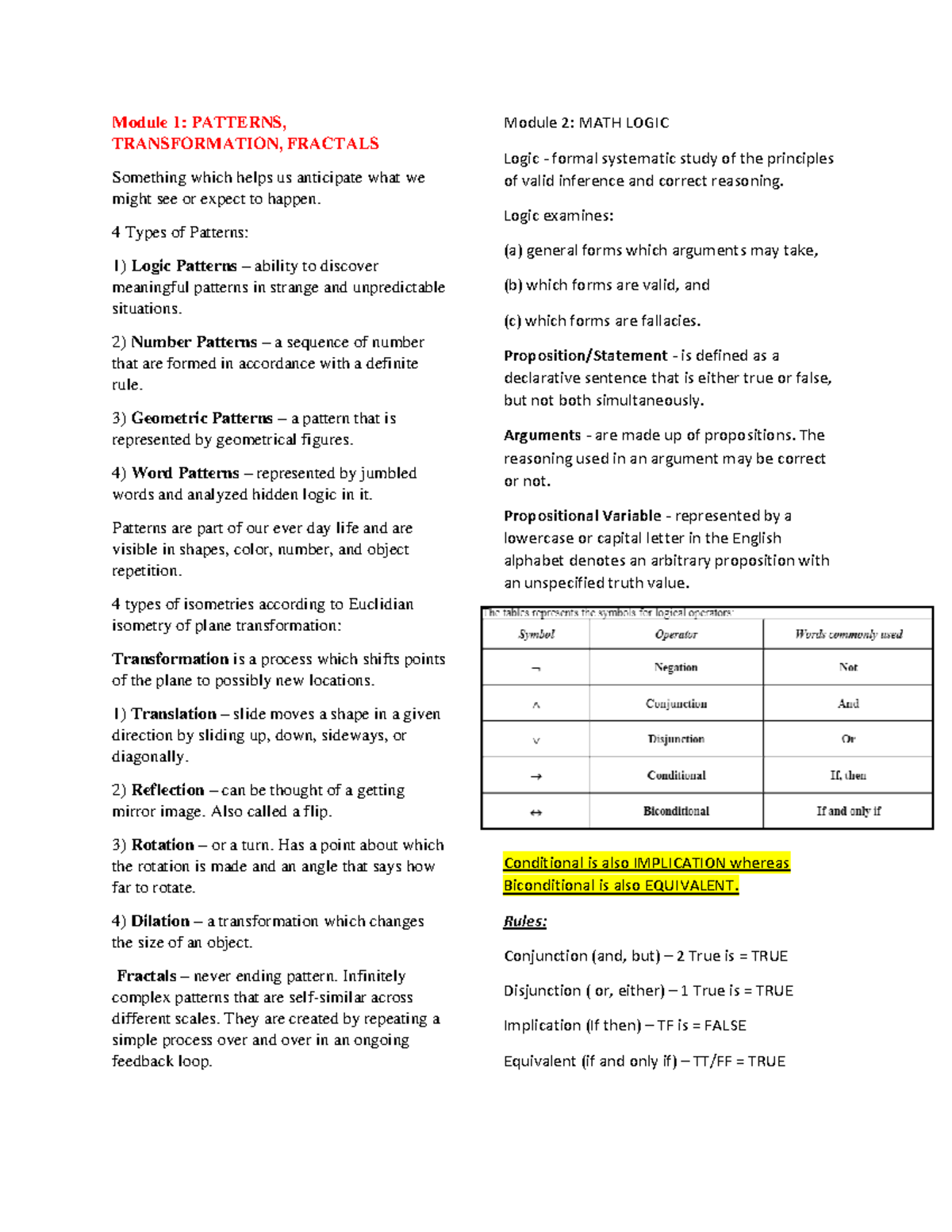 MMW Patterns and Math Logic - Module 1: PATTERNS, TRANSFORMATION ...