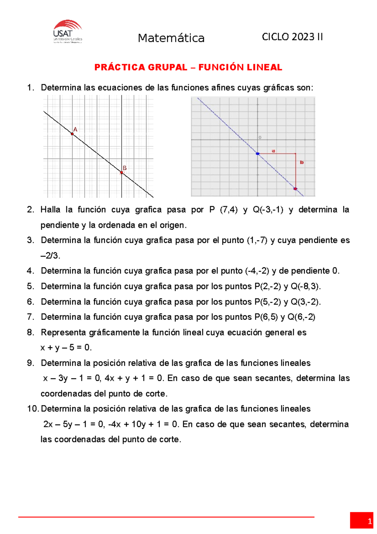 Practica grupal de función lineal - Matemática CICLO 2023 II PRÁCTICA ...