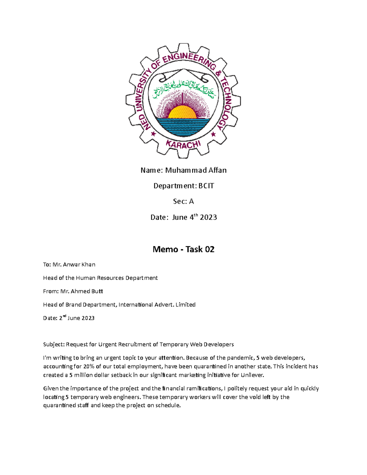 Memo Task 02 - Bc assignment - Name: Muhammad Affan Department: BCIT ...