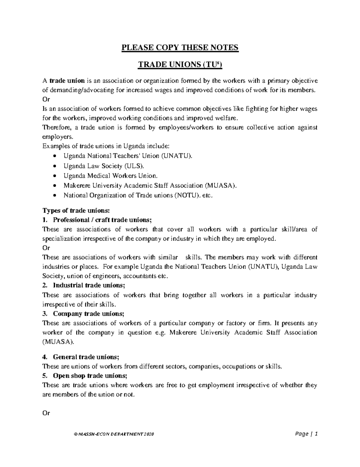 Tradeunions - bhb - PLEASE COPY THESE NOTES TRADE UNIONS (TUs) A trade ...