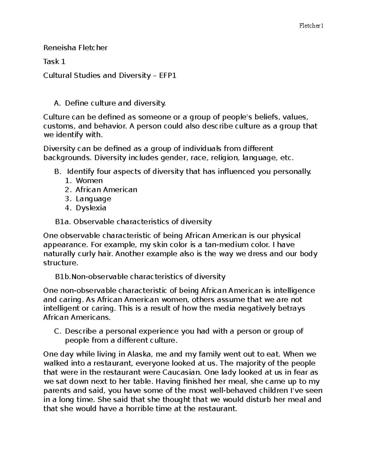 Task 1 Of Personal Reflection On Diversity Fletcher Reneisha Fletcher