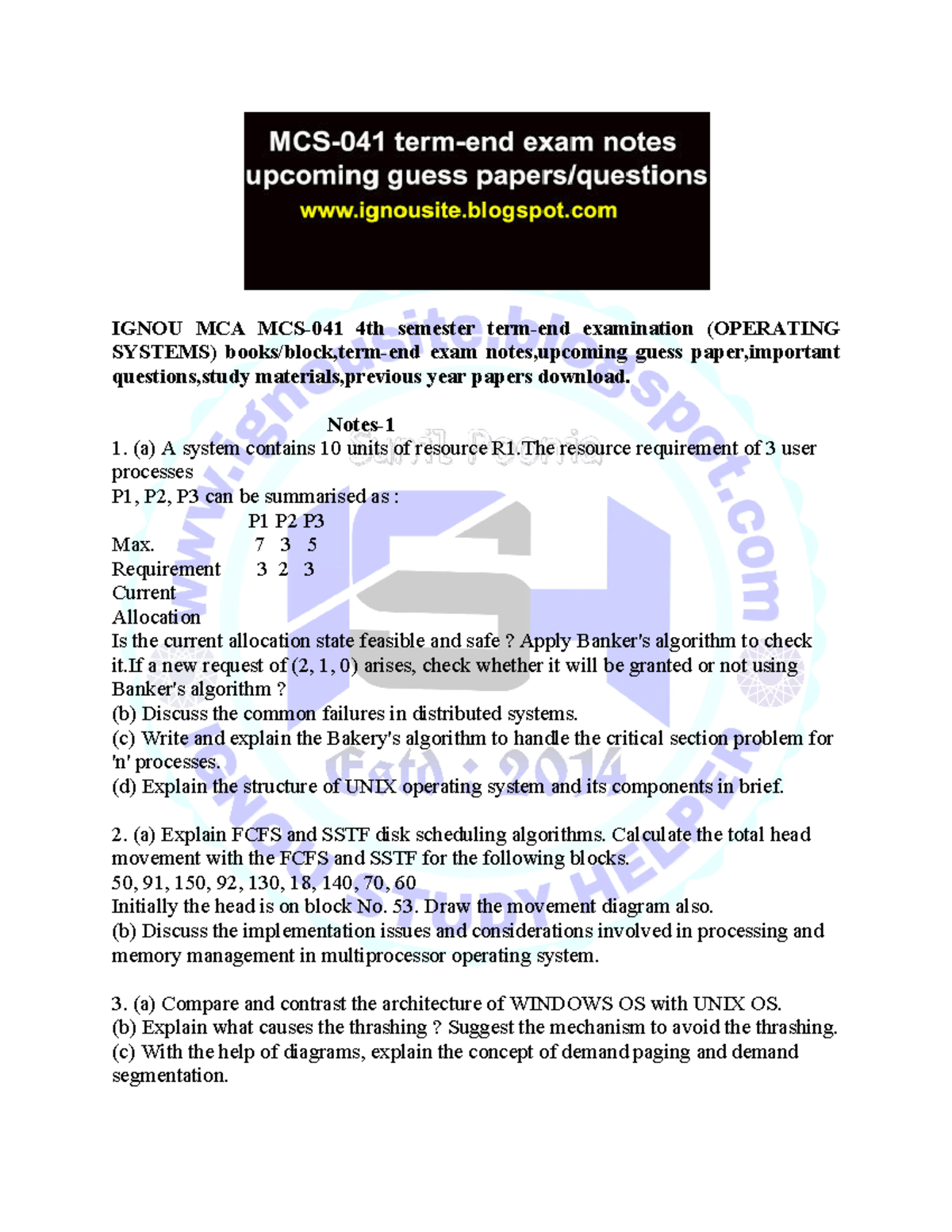 MCS-041 notes - IGNOU MCA MCS-041 4th semester term-end examination ...