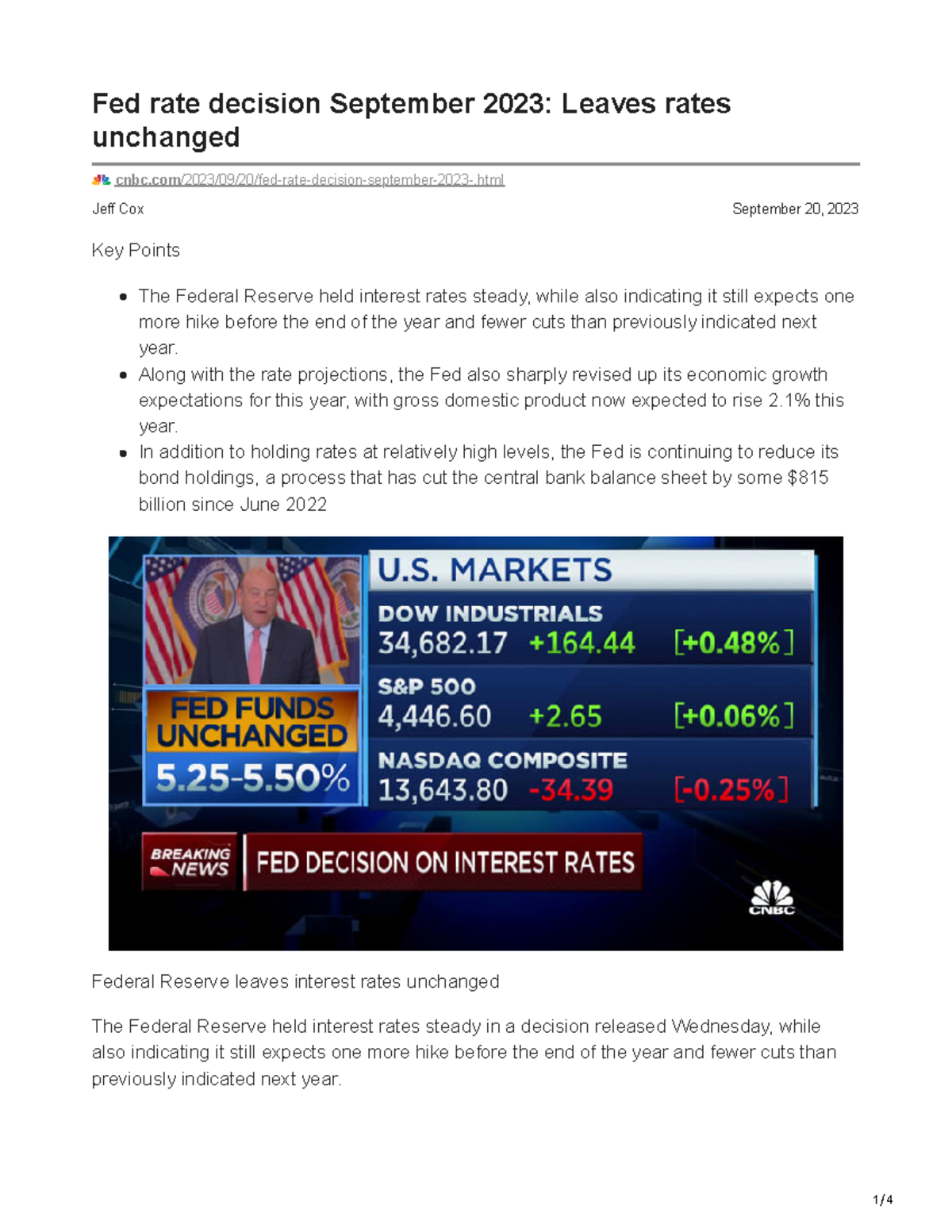 Cnbc - interest rates - Jeff Cox September 20, 2023 Fed rate decision ...