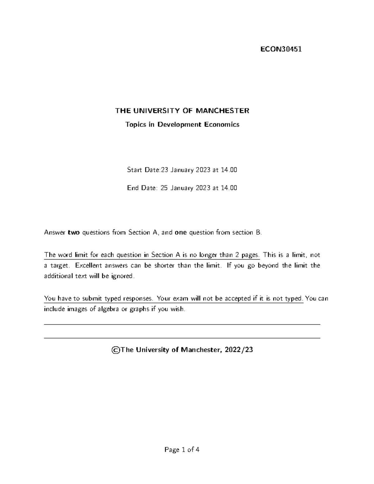 ECON30451 Final Exam 2022-23F - THE UNIVERSITY OF MANCHESTER Topics in ...