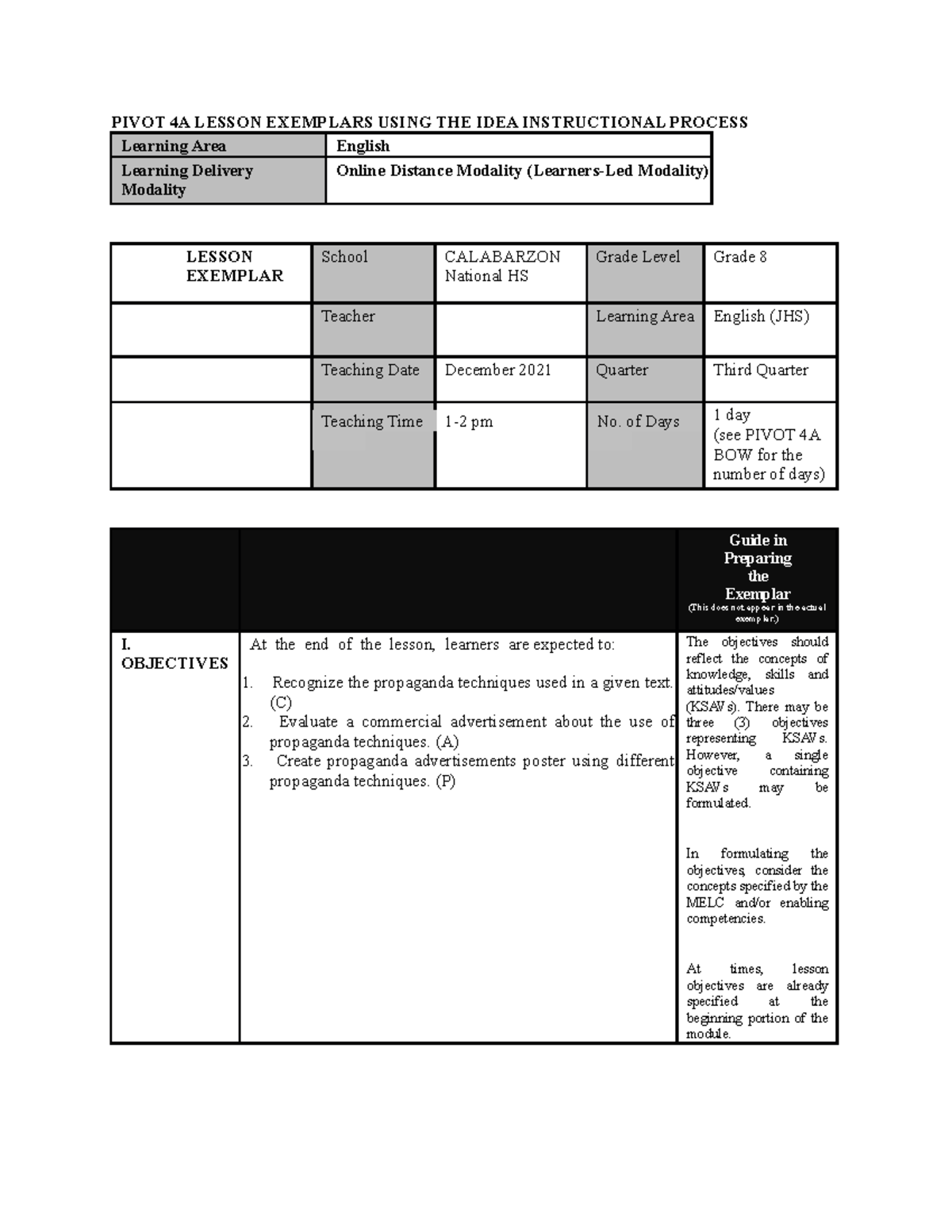 Lesson Exemplar FOR Reading - English - Studocu