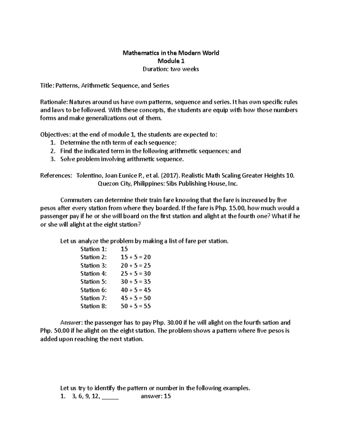 Mathematics Arithmetic Module 1 - Mathematics in the Modern World ...