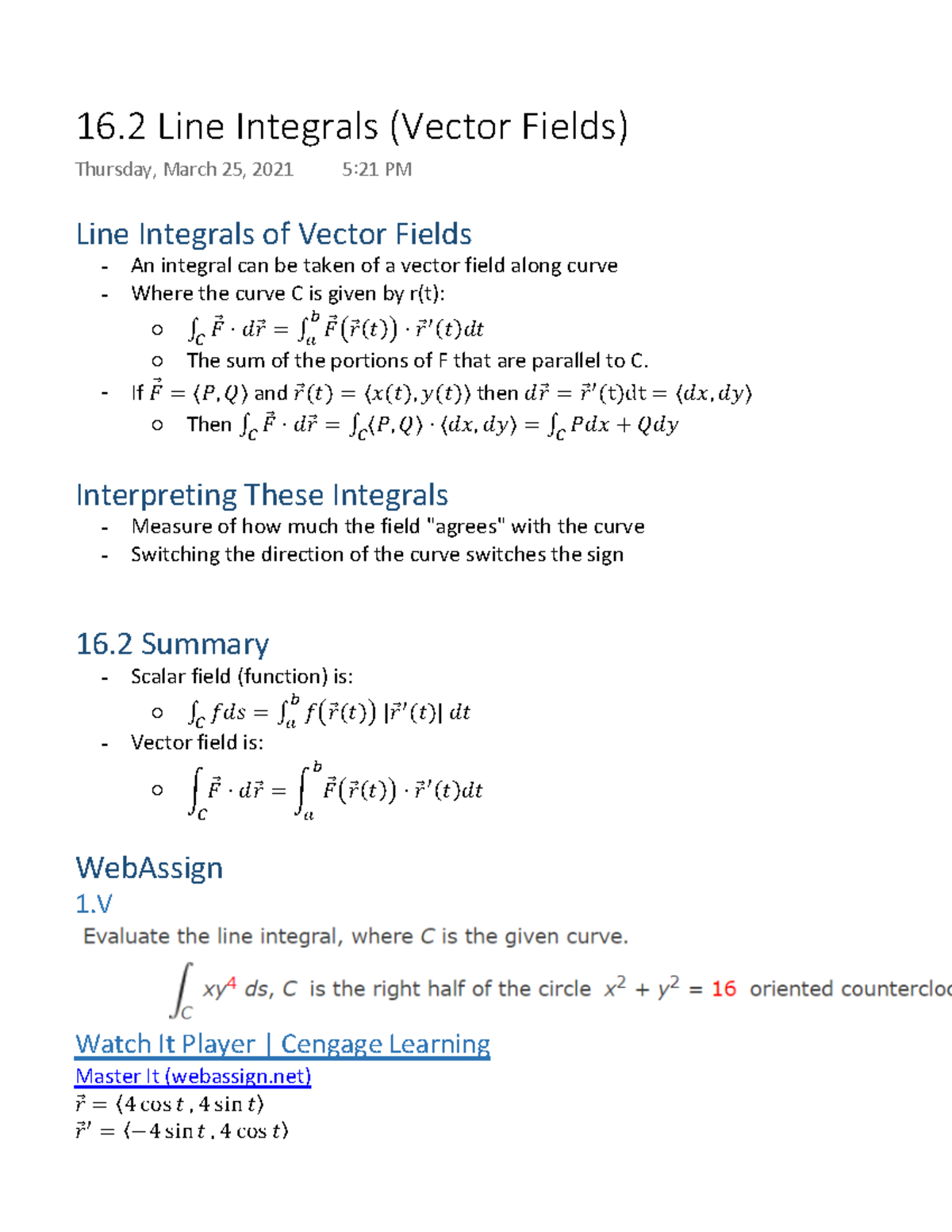 16.2 Line Integrals (Vector Fields) - Line Integrals of Vector Fields ...