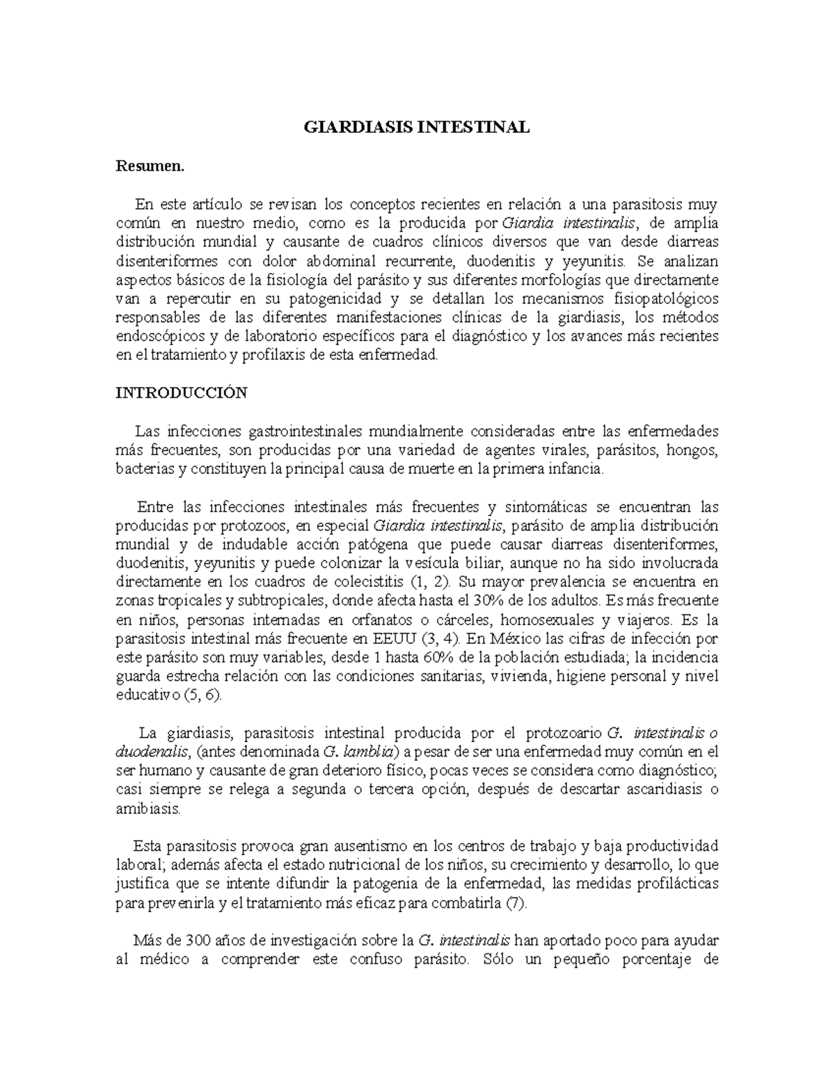 Giardiasis Intestinal - Parasitología I - UCV - Studocu